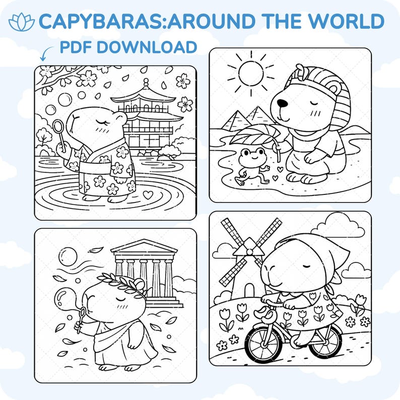 Capybaras Around the World Coloring Book – 8 Coloring Pages + 1 Bonus ...