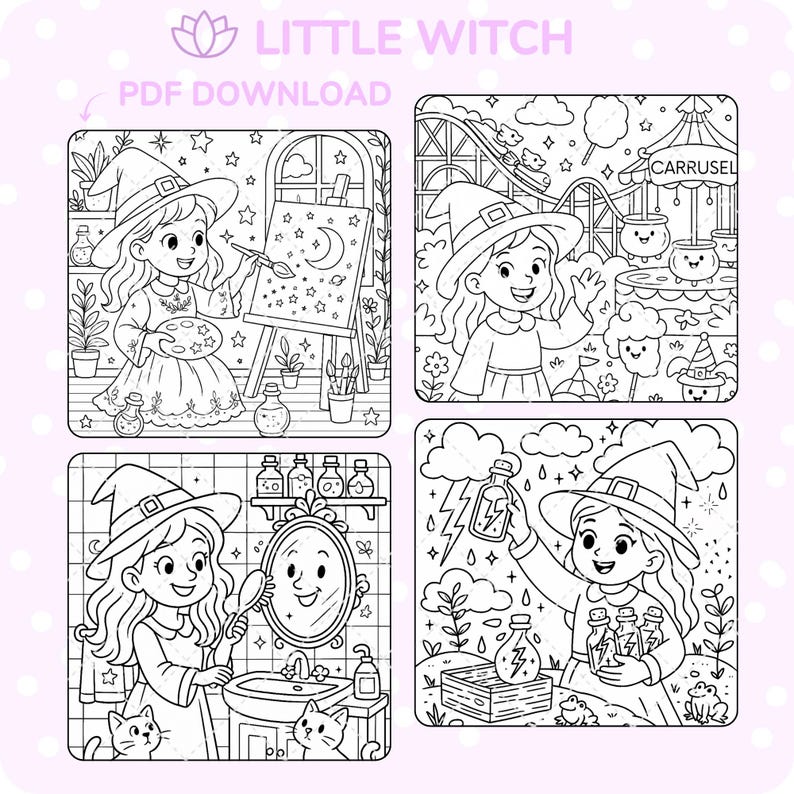 A Day in the Life of a Little Witch. Coloring Book - 8 Coloring Pages ...