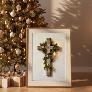 Christmas Cross Wall Art, Rustic Wood Cross Holiday Print, Pine Garland ...