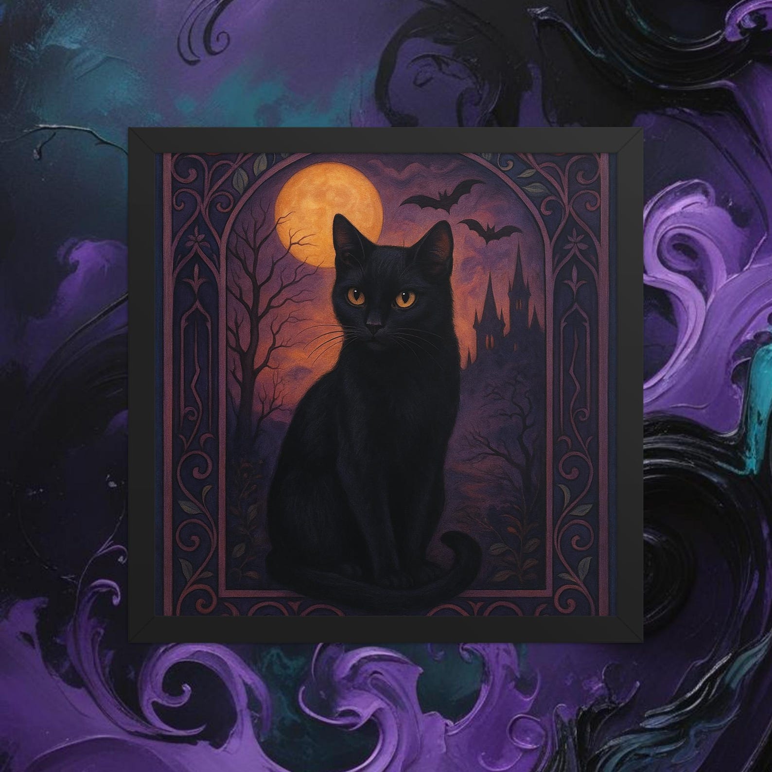 Whimsigoth Cat Framed Poster Mystical Black Cat With Moonlit Castle ...