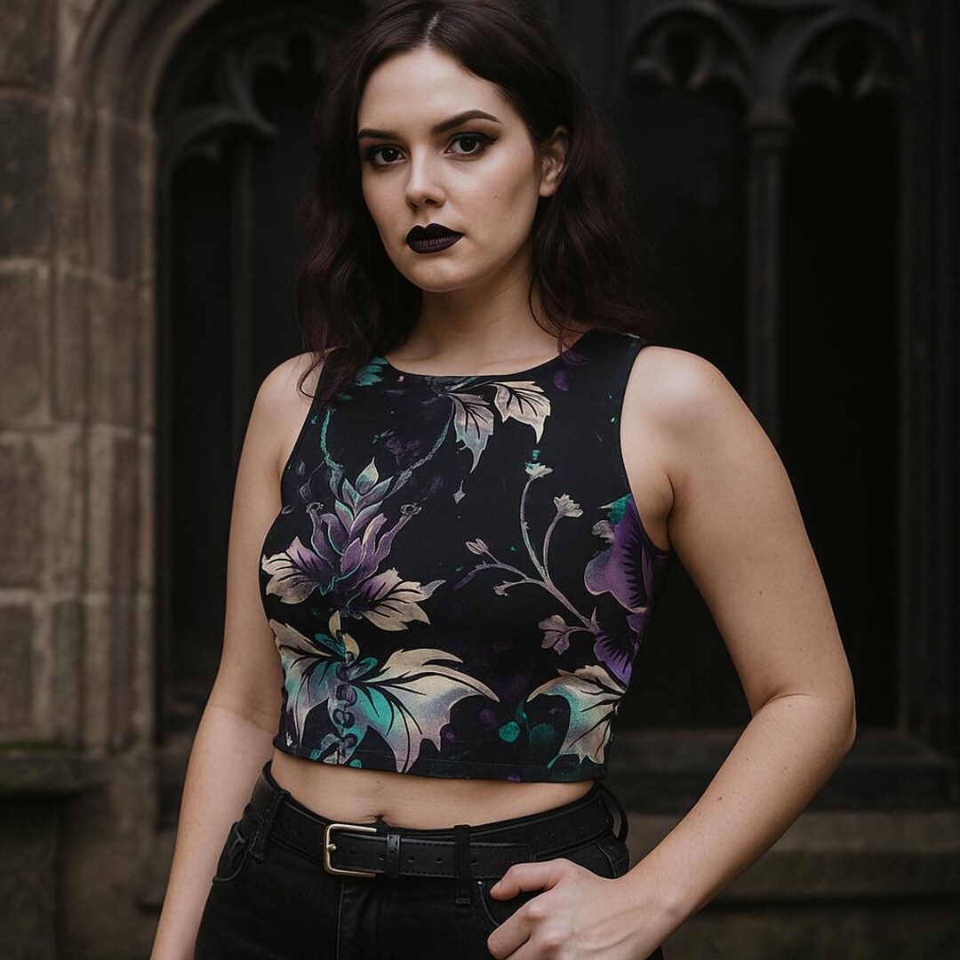 Dark Floral Crop Top Gothic Witchcore Sleeveless Top Purple Teal Boho ...