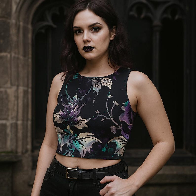 Dark Floral Crop Top Gothic Witchcore Sleeveless Top Purple Teal Boho ...