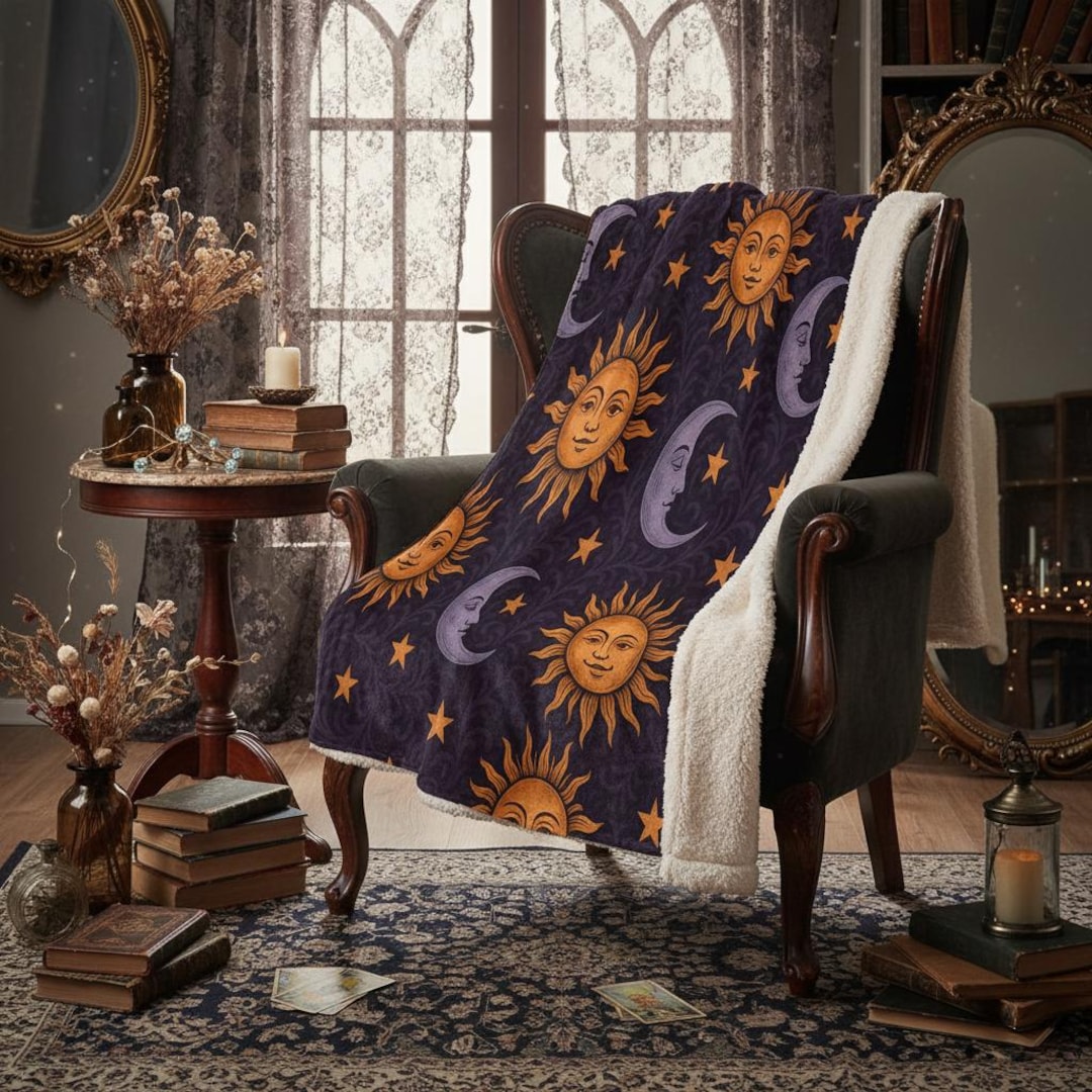 Celestial Sun & Moon Sherpa Throw: Cozy Witchcore Astrology Blanket for ...