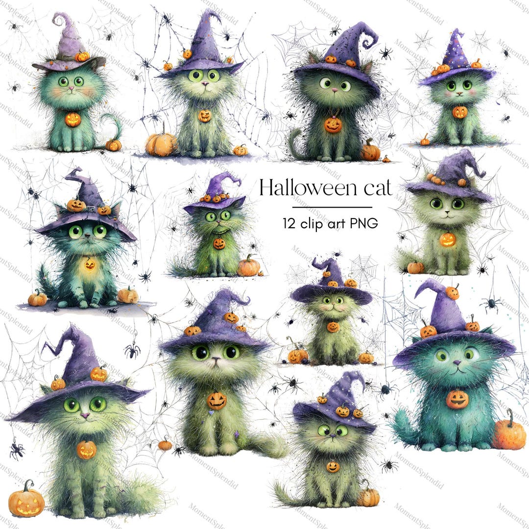 Halloween Cat Clipart Bundle: Watercolor Witch Cats PNG (digital ...