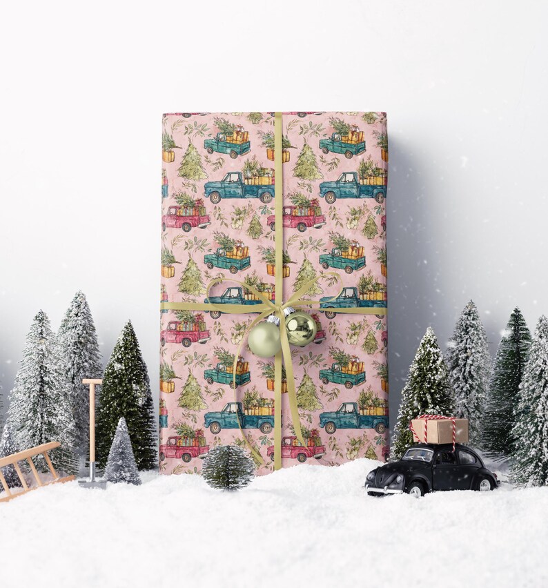 Christmas Pickup Truck Wrapping Paper Roll With Evergreen Tree and ...