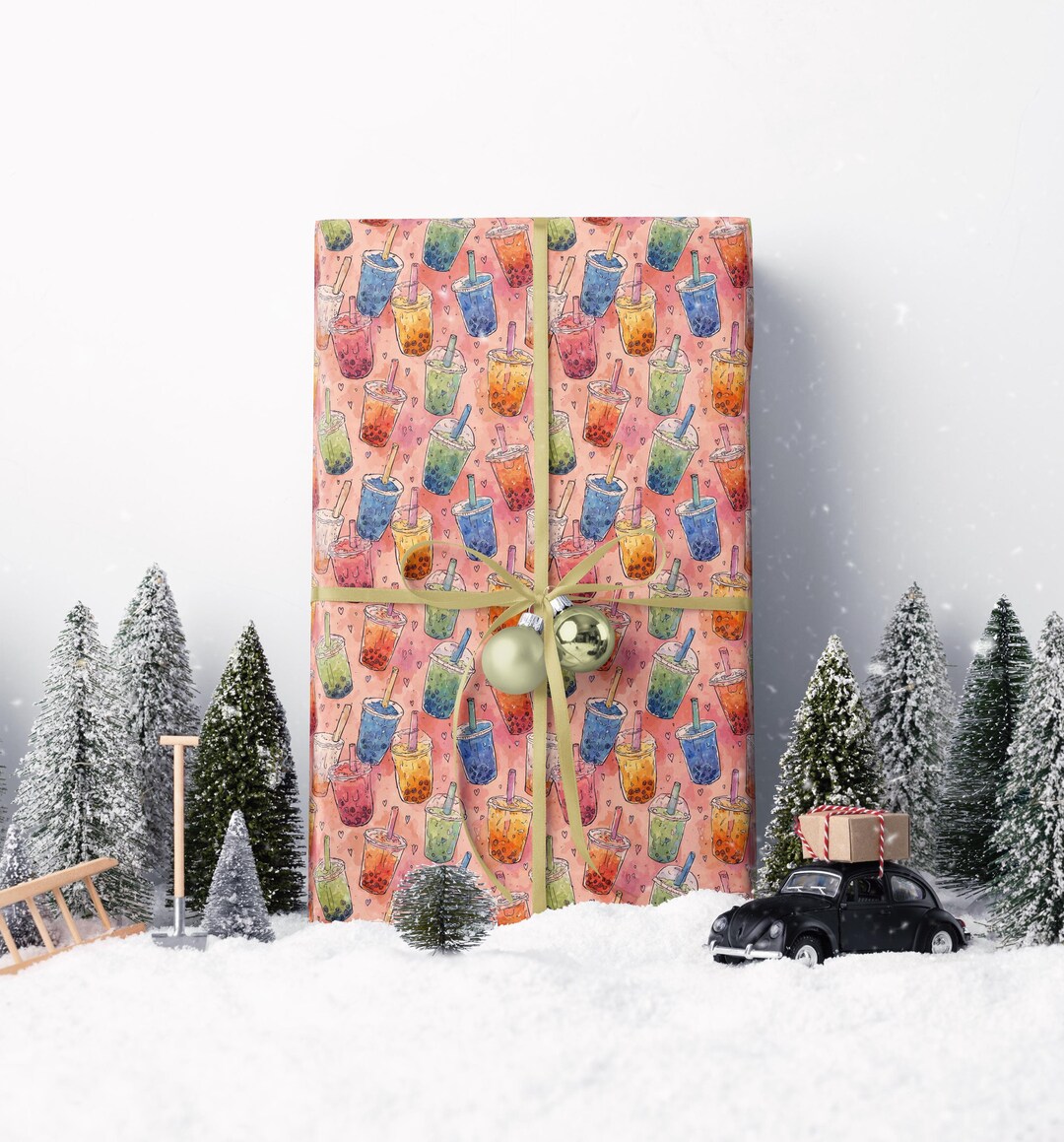 Boba Wrapping Paper Roll for Bubble Tea Fans Cute Kawaii Gift Wrap With ...