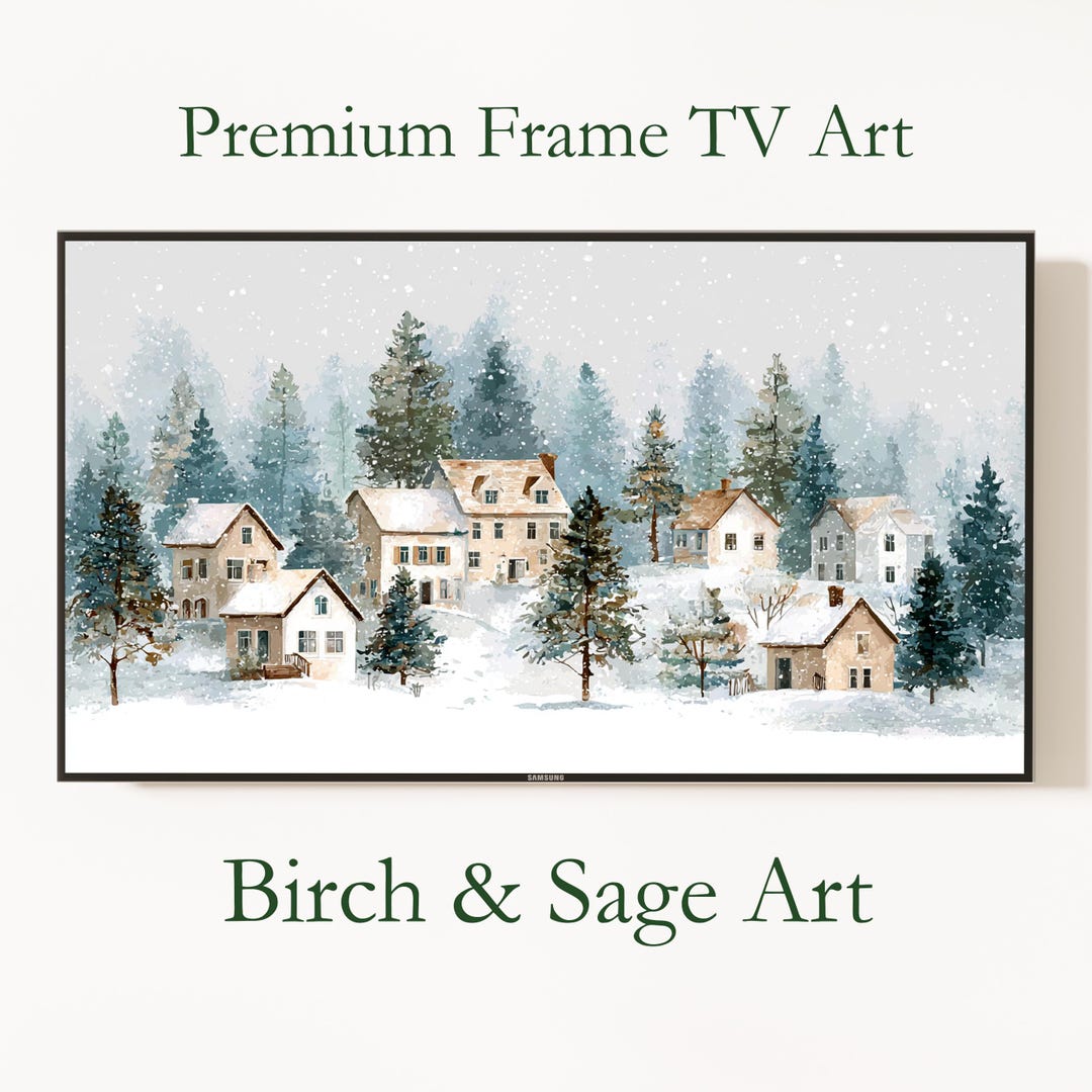 Cozy Winter Frame TV Art - Watercolor Christmas Village With Pine Trees ...