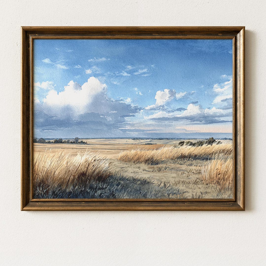 Grassland Wall Art – Serene Watercolor Landscape Painting, Open Sky ...