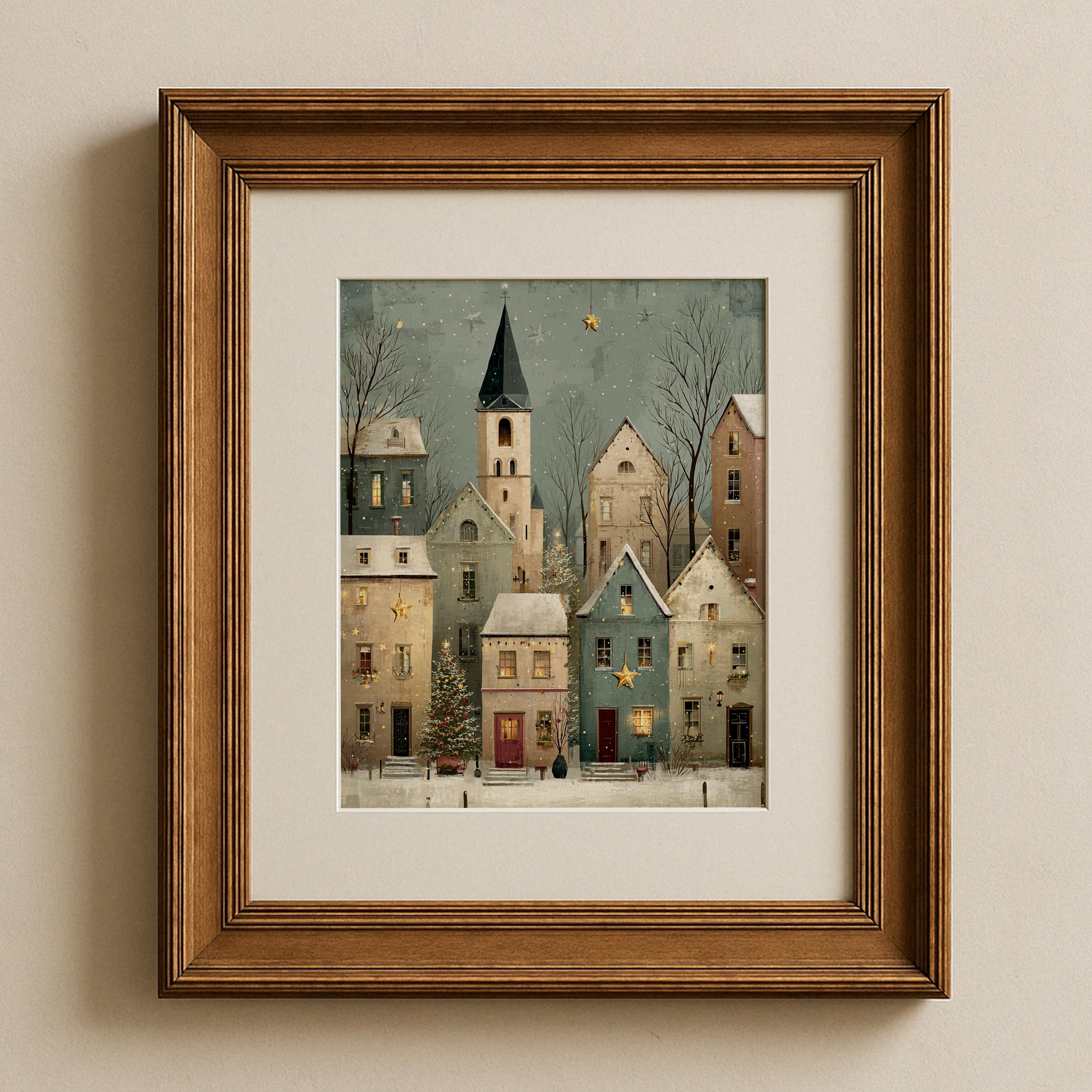 Vintage Christmas Town Scene Printable - Snow-covered Village, Rustic ...