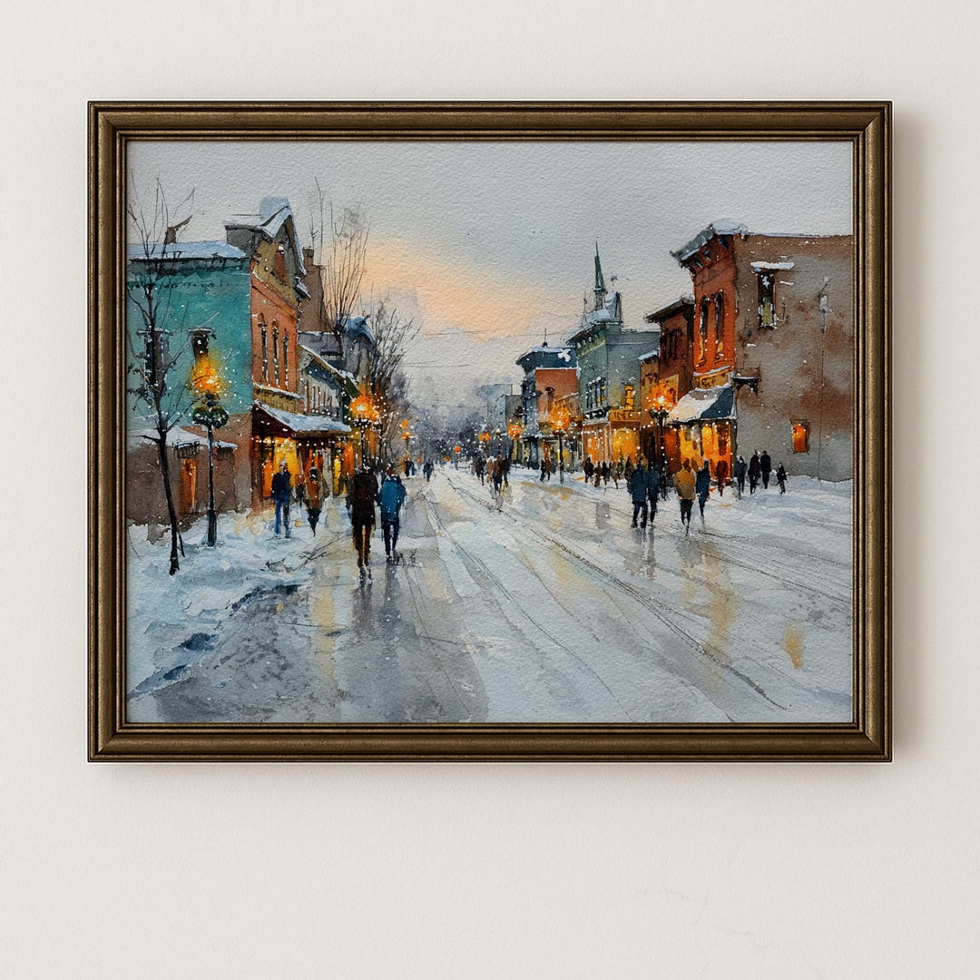 Snowy Small Town Main Street Printable Wall Art - Moody Winter Scene ...