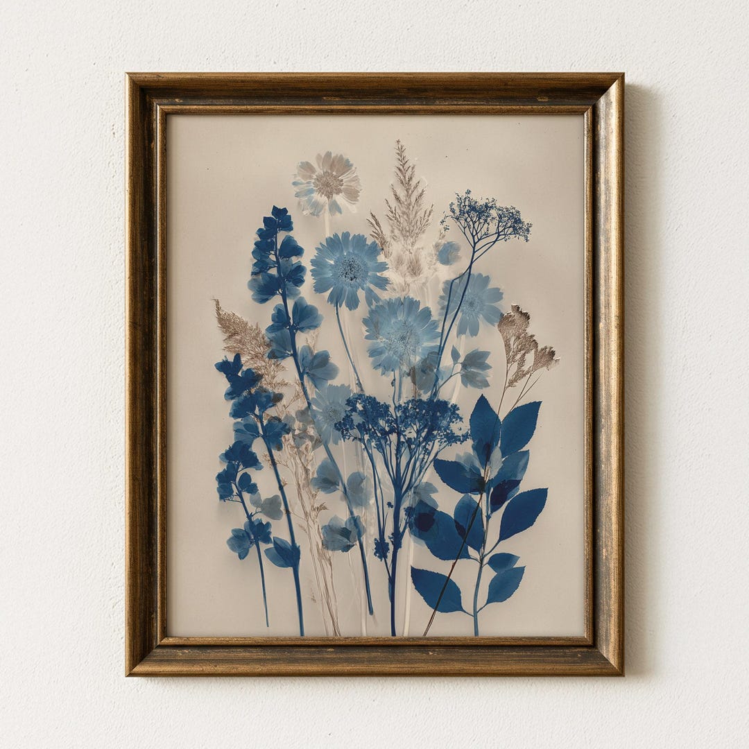 Pressed Blue Wildflower Print - Botanical Wall Art in Indigo and Beige ...
