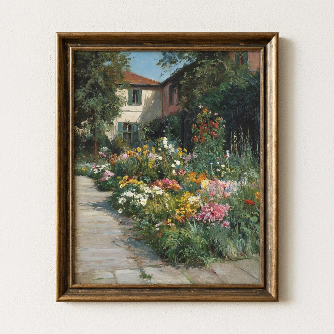 Vintage Flower Garden Pathway Painting - Rustic Cottage Garden ...