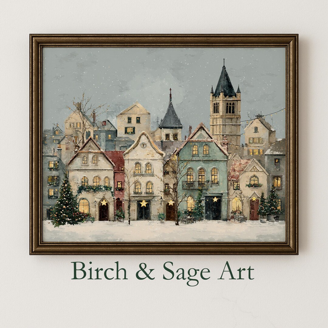 Vintage Christmas Village Print - Snowy Christmas Village Art With ...