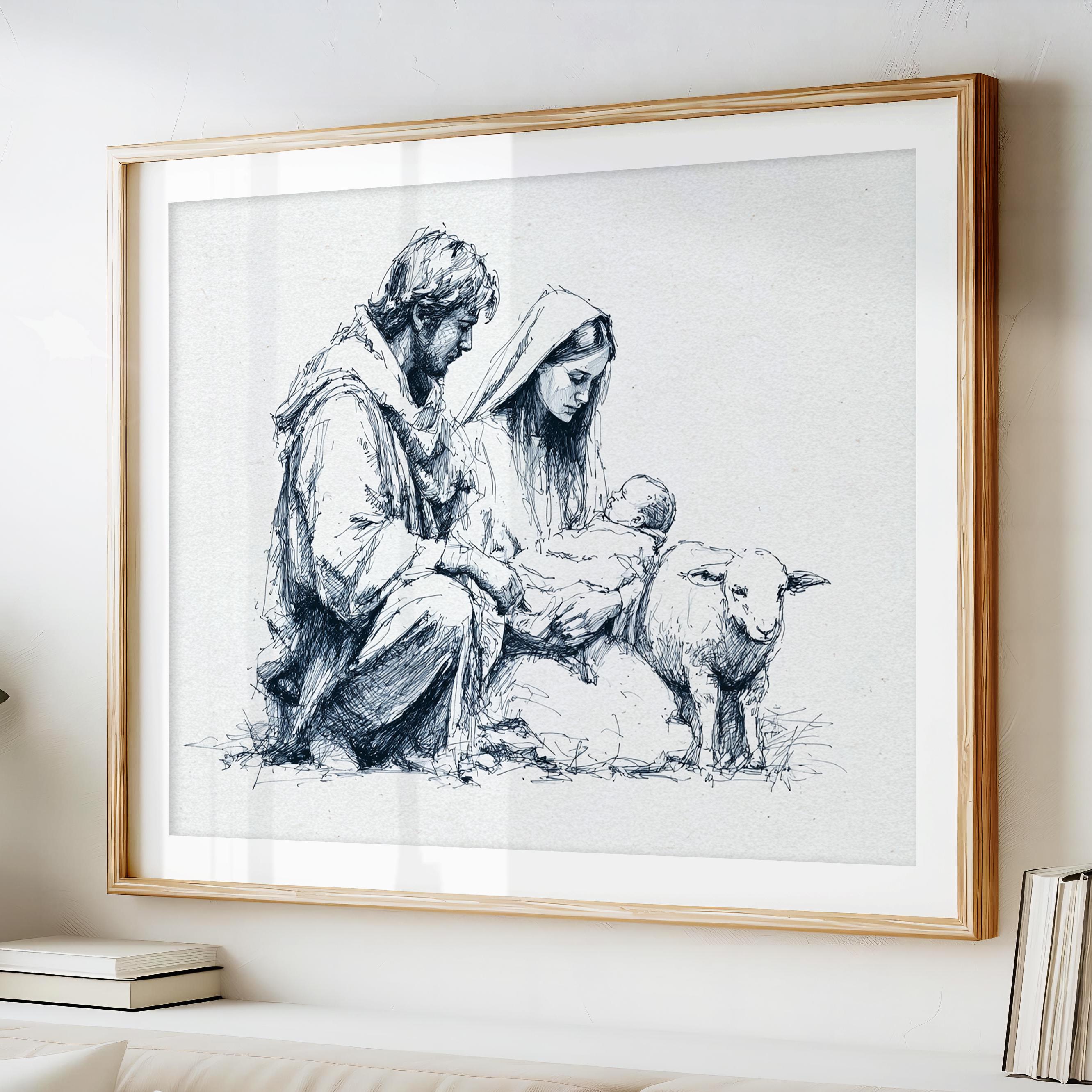 Minimalist Nativity Scene Line Art Print - Serene Vintage Line Drawing ...