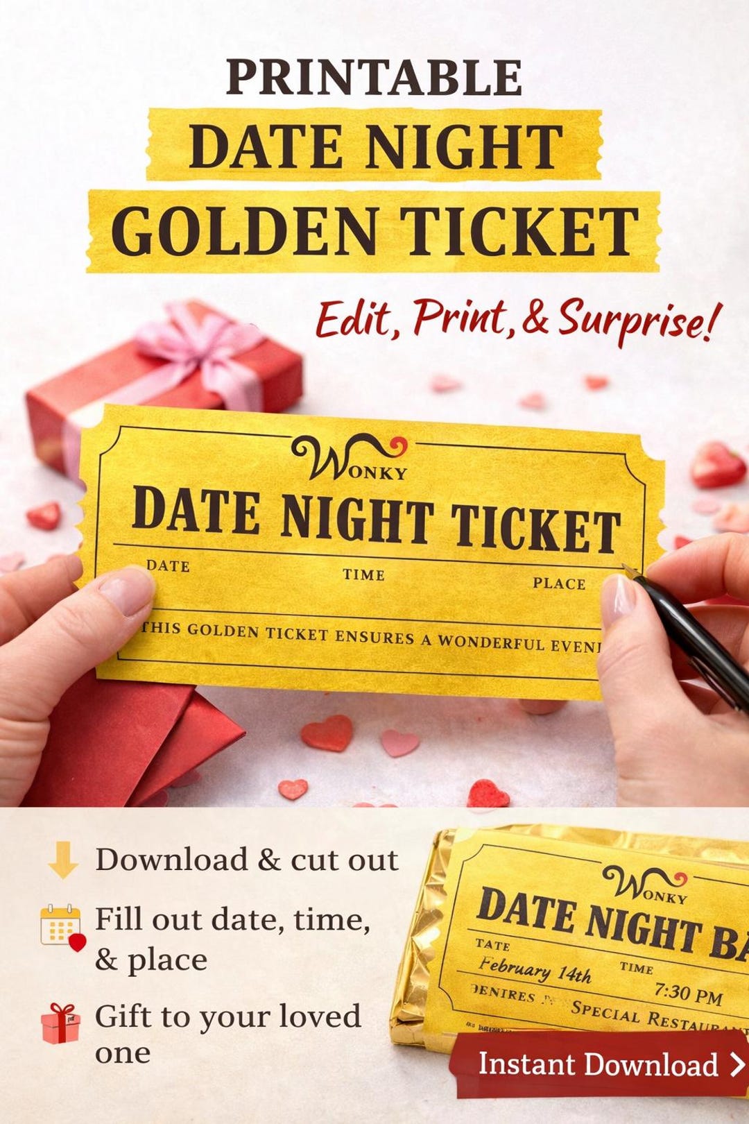 Printable Date Night Golden Ticket | Romantic Gift | Valentines Day ...