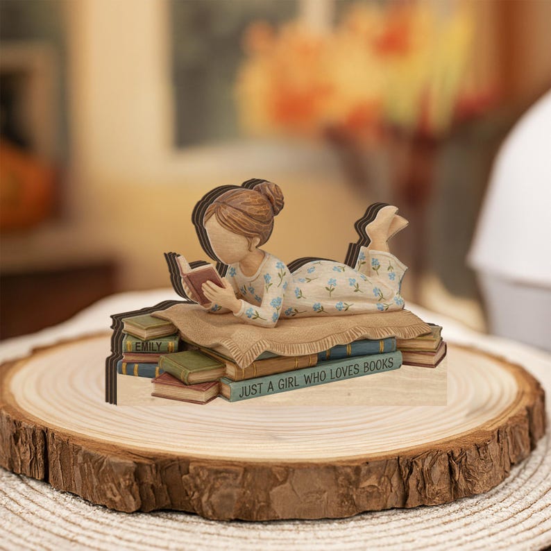 Wooden Desk Figurine: Girl Reading on Books Stack Engraved Name - Etsy