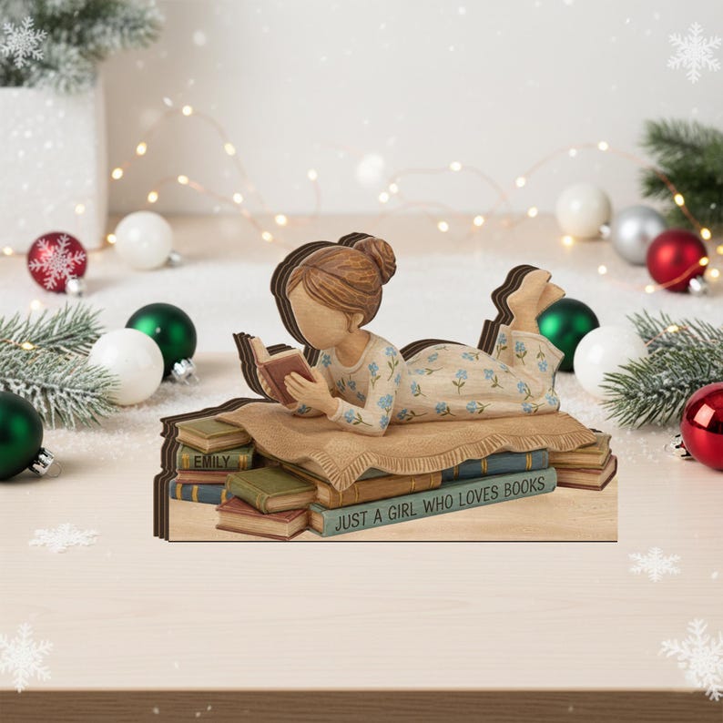 Wooden Desk Figurine: Girl Reading on Books Stack Engraved Name - Etsy