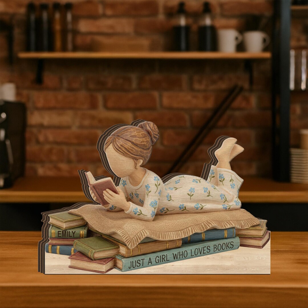 Wooden Desk Figurine: Girl Reading on Books Stack Engraved Name - Etsy