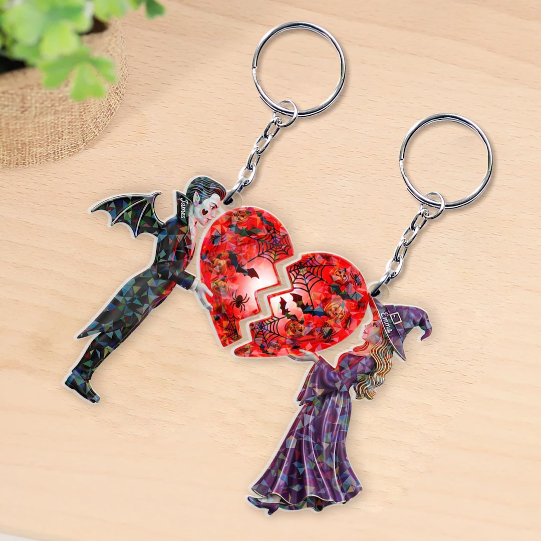 Halloween Couple Keychain: Vampire & Witch Split Heart Acrylic Keyring ...