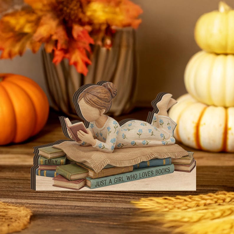 Wooden Desk Figurine: Girl Reading on Books Stack Engraved Name - Etsy