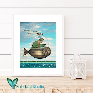 Turtle in Airship | Fine Art Print | Original | Aviator | Flying Fish ...