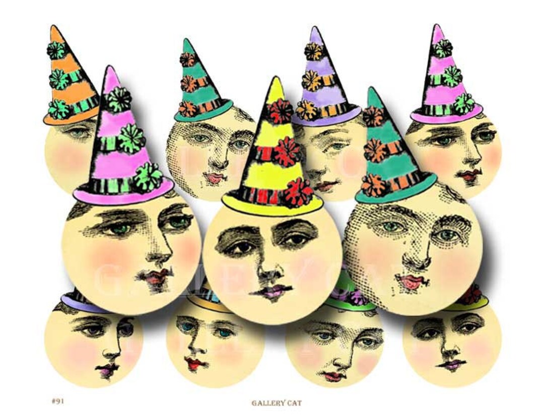 Lady Moon in Party Hat Digital Collage Sheet Instant Download - Etsy