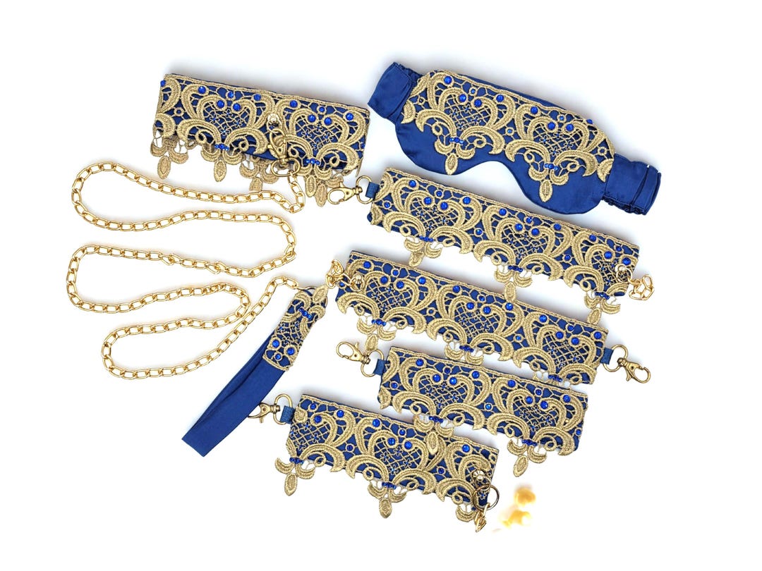 Full BDSM Set Royal Blue Silk Handcuffs Collar and Leash Eye Mask ...