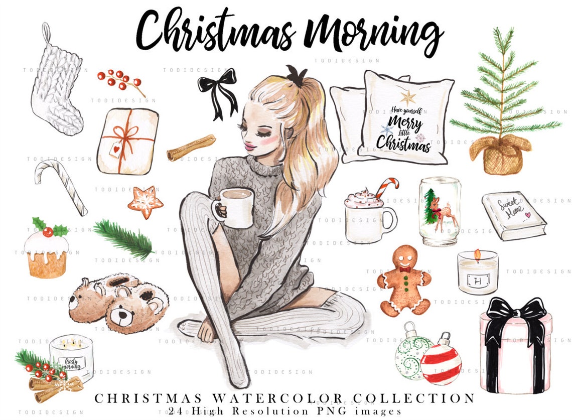 Christmas Morning Scrapbook Clip Arts Hand Drawn Watercolor - Etsy