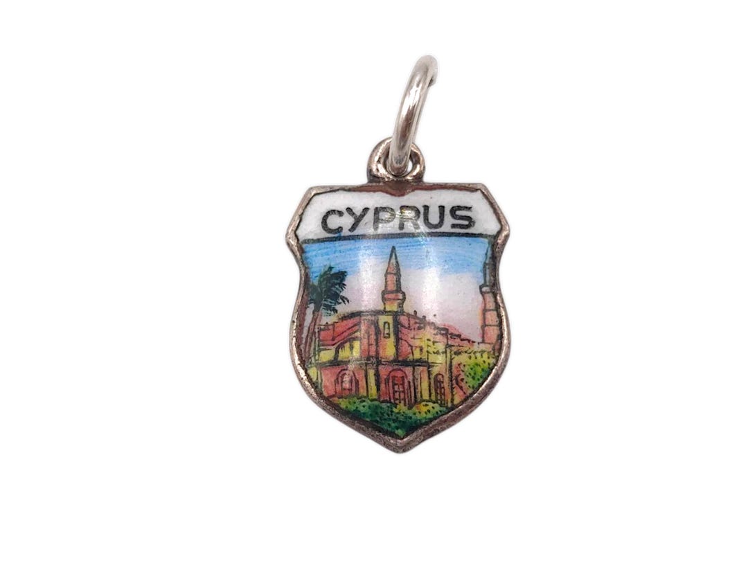 Vintage Silver Cyprus Costal Scene Enamel Souvenir Travel Shield Charm ...