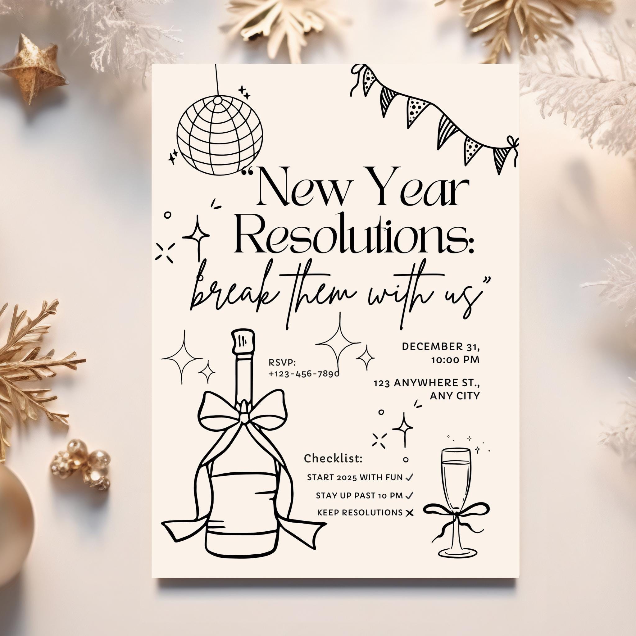 Funny New Year Invitation Printable Minimal NYE Party Invite Editable ...