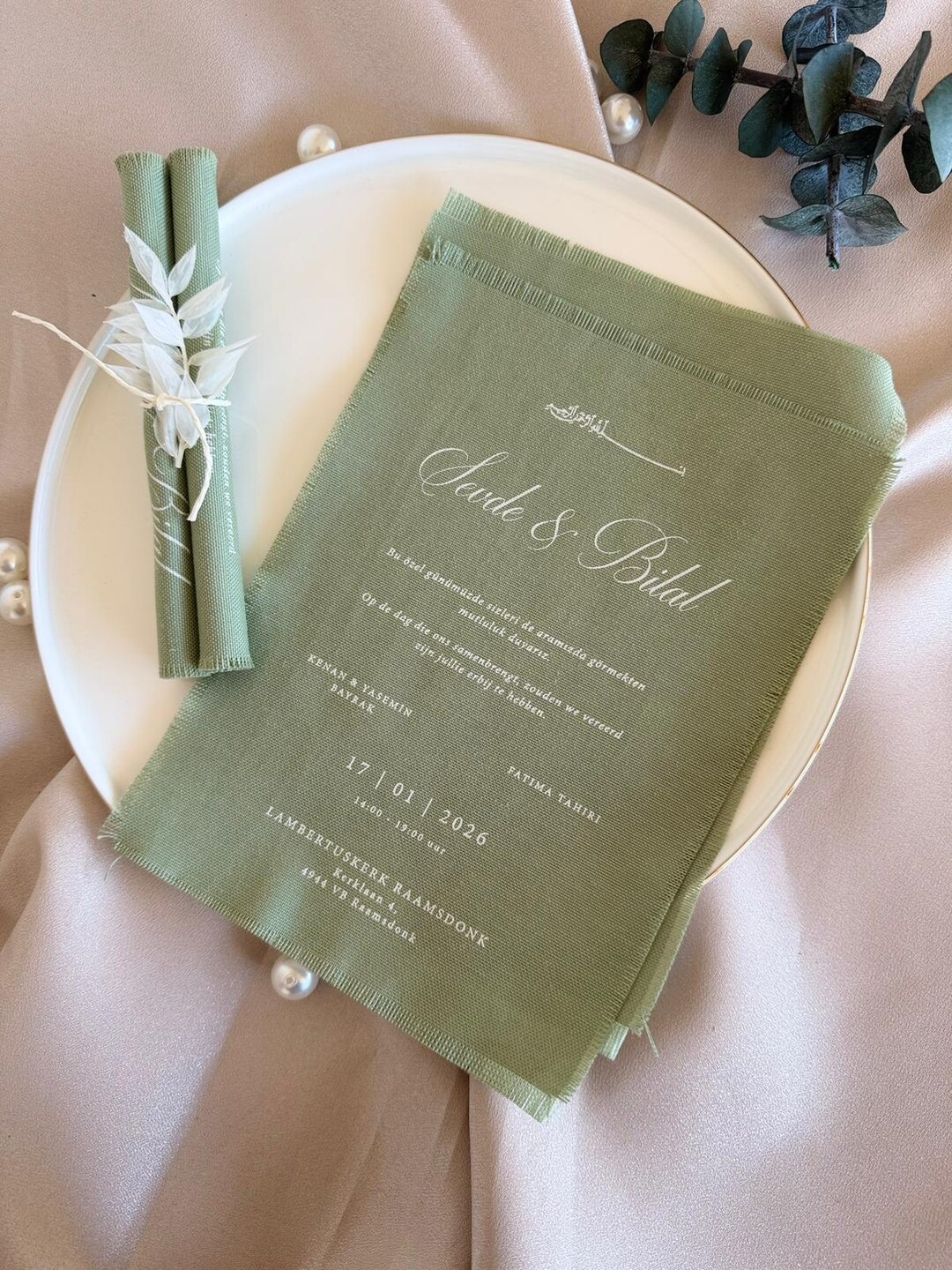 Linen Fabric Wedding Invitation – Sage Green Boho Design With Frayed ...