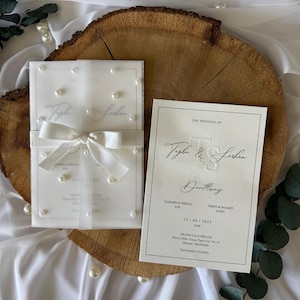 Cream Vellum Wedding Invitation: Embossed Card, Pearls & Satin Ribbon ...