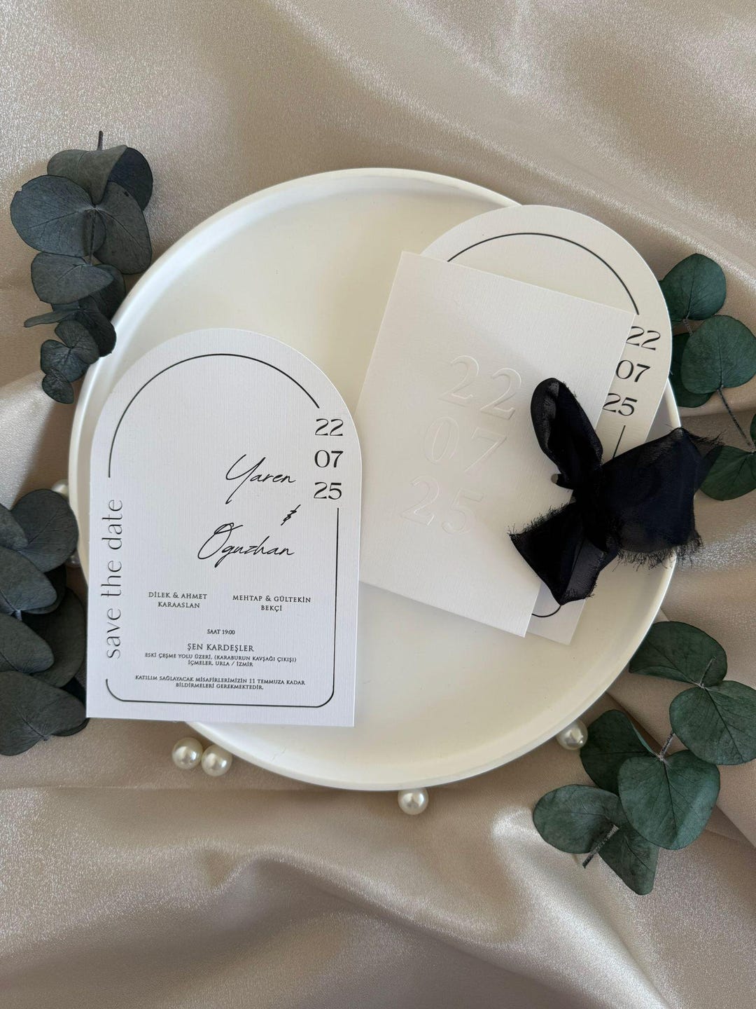 Arch Save the Date Card – Embossed Date Envelope With Black Chiffon ...