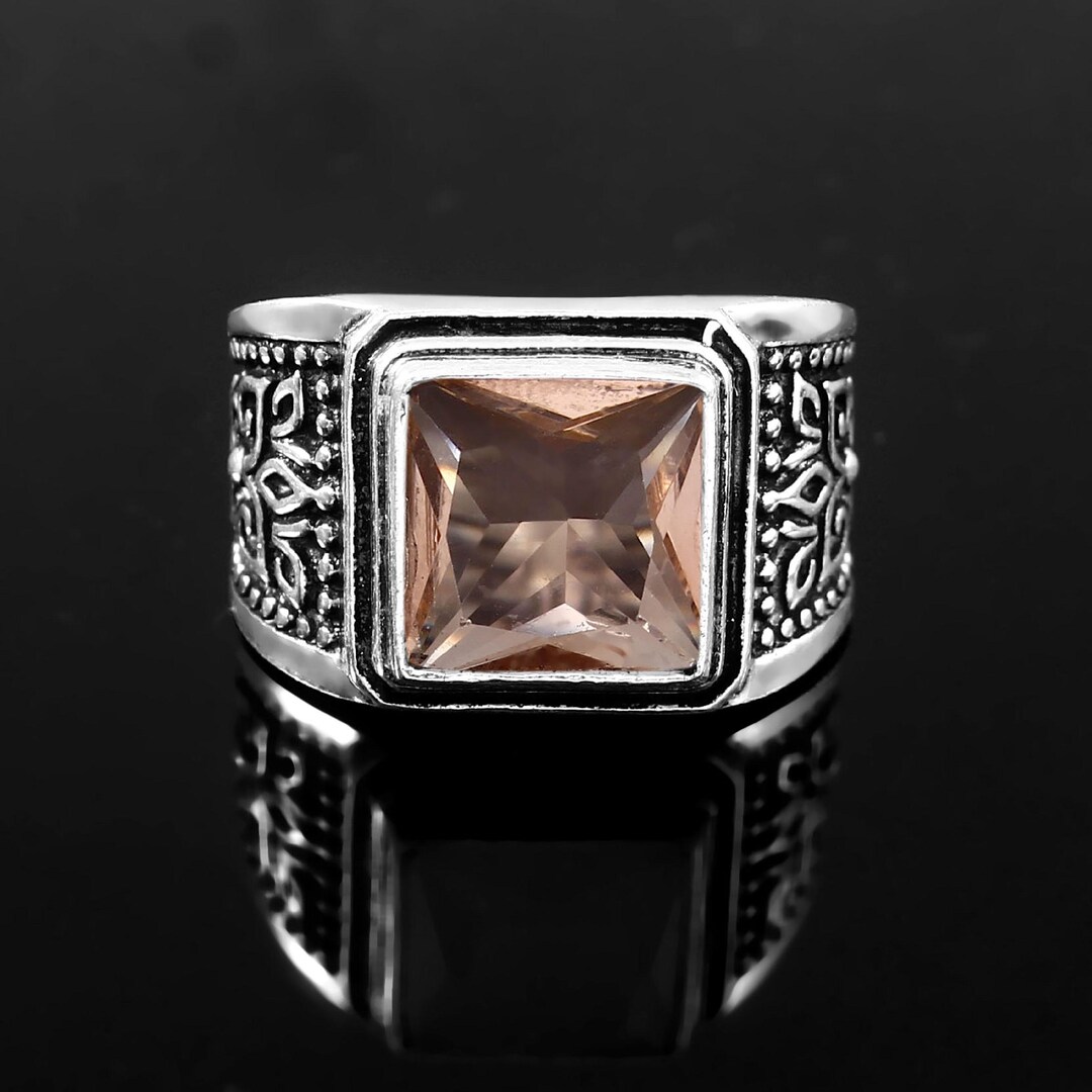 Morganite Square-cut Men's Ring in Vintage Style 925 Sterling Silver ...