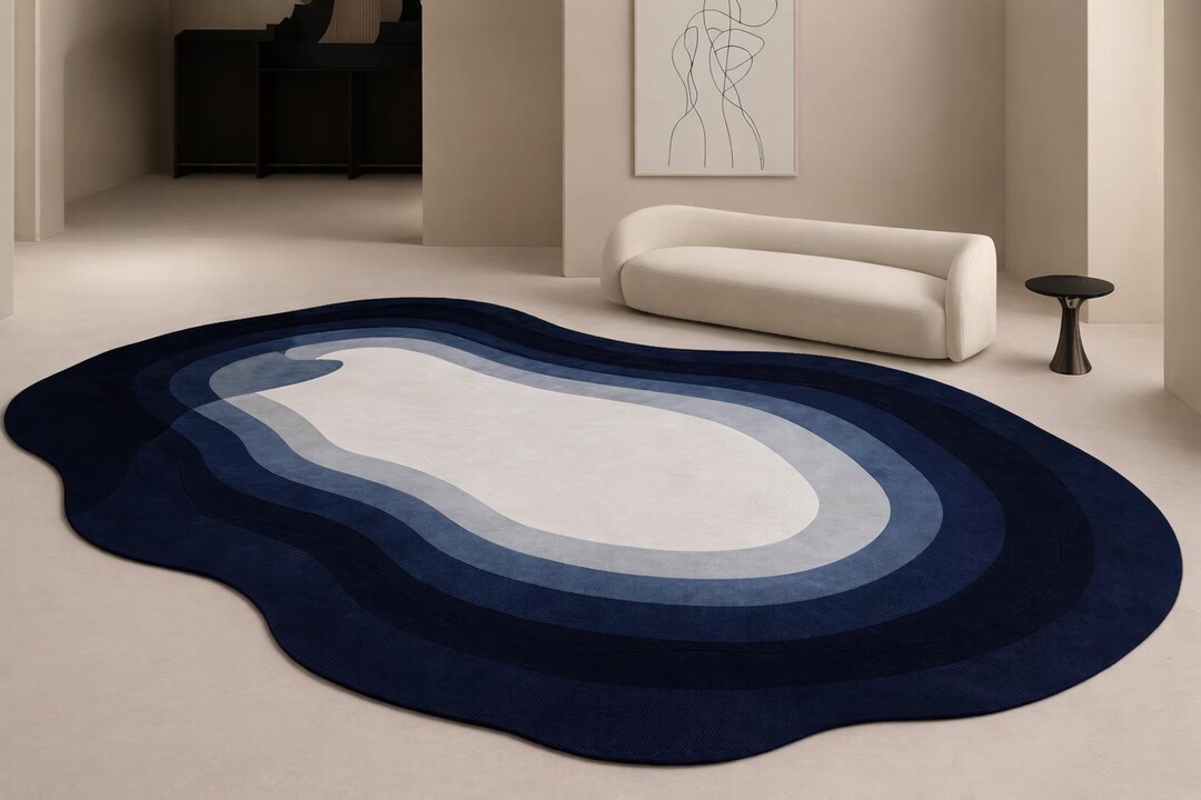 Modern Abstract Blue Wave Area Rug, Irregular Organic Shape Carpet ...