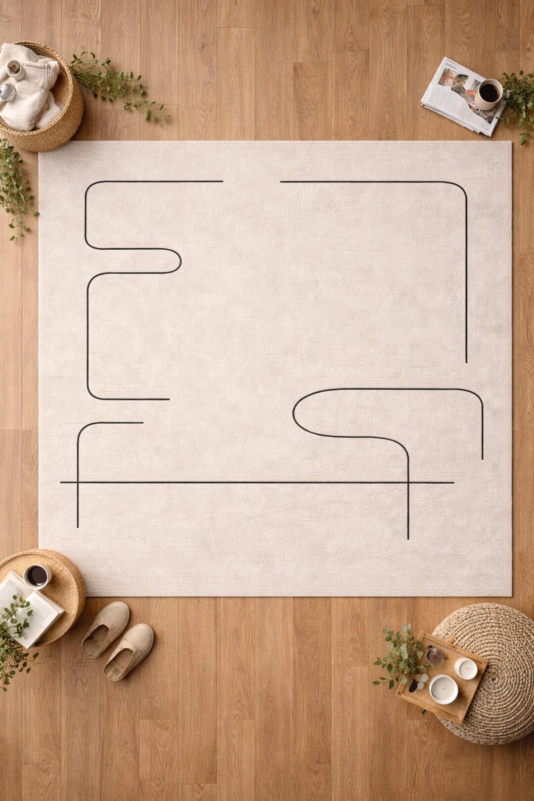 Minimal Line Art Handmade Wool Rug, Modern Abstract Neutral Area Rug ...