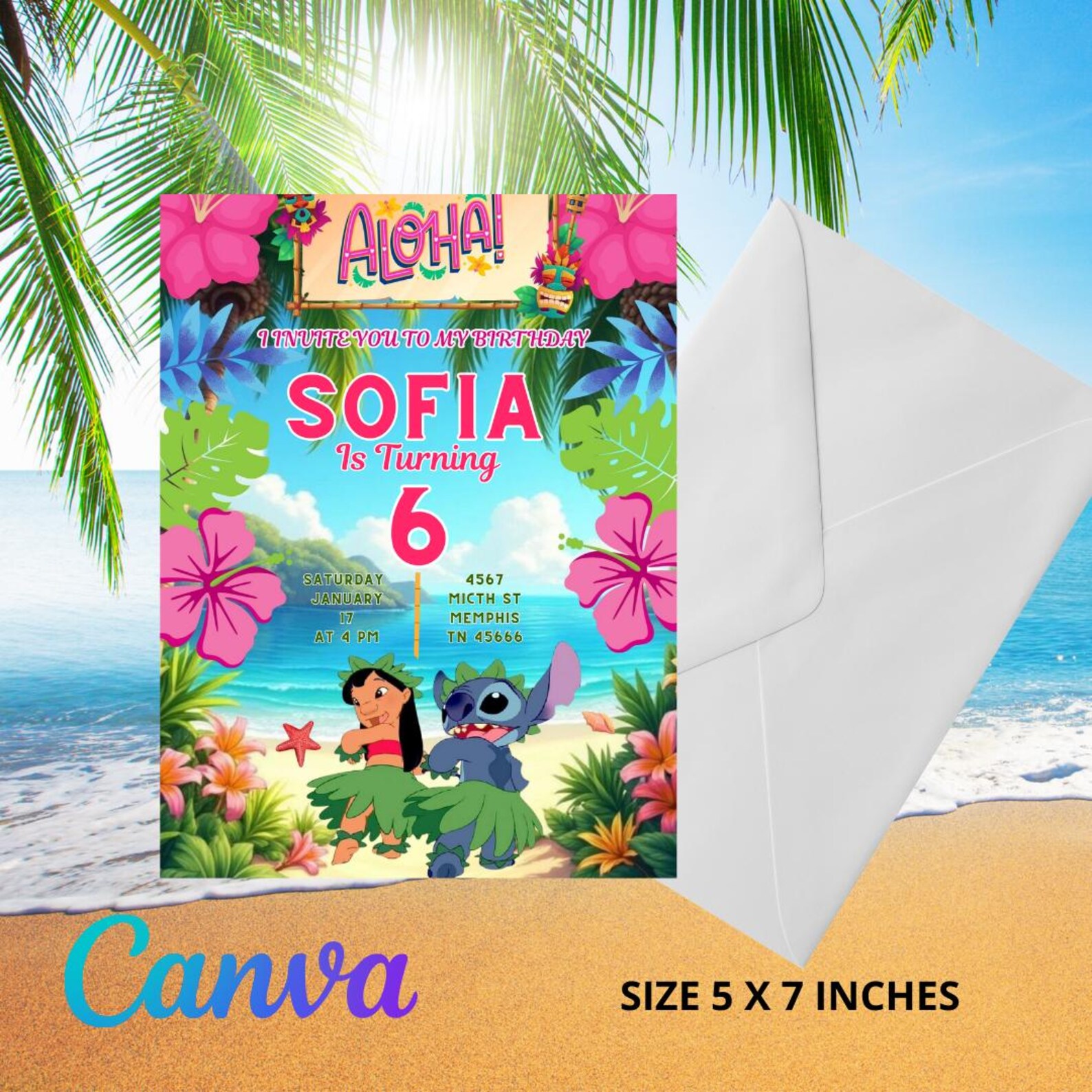 Lilo and Stitch Birthday Invitation Canva Editable | Tropical Party ...
