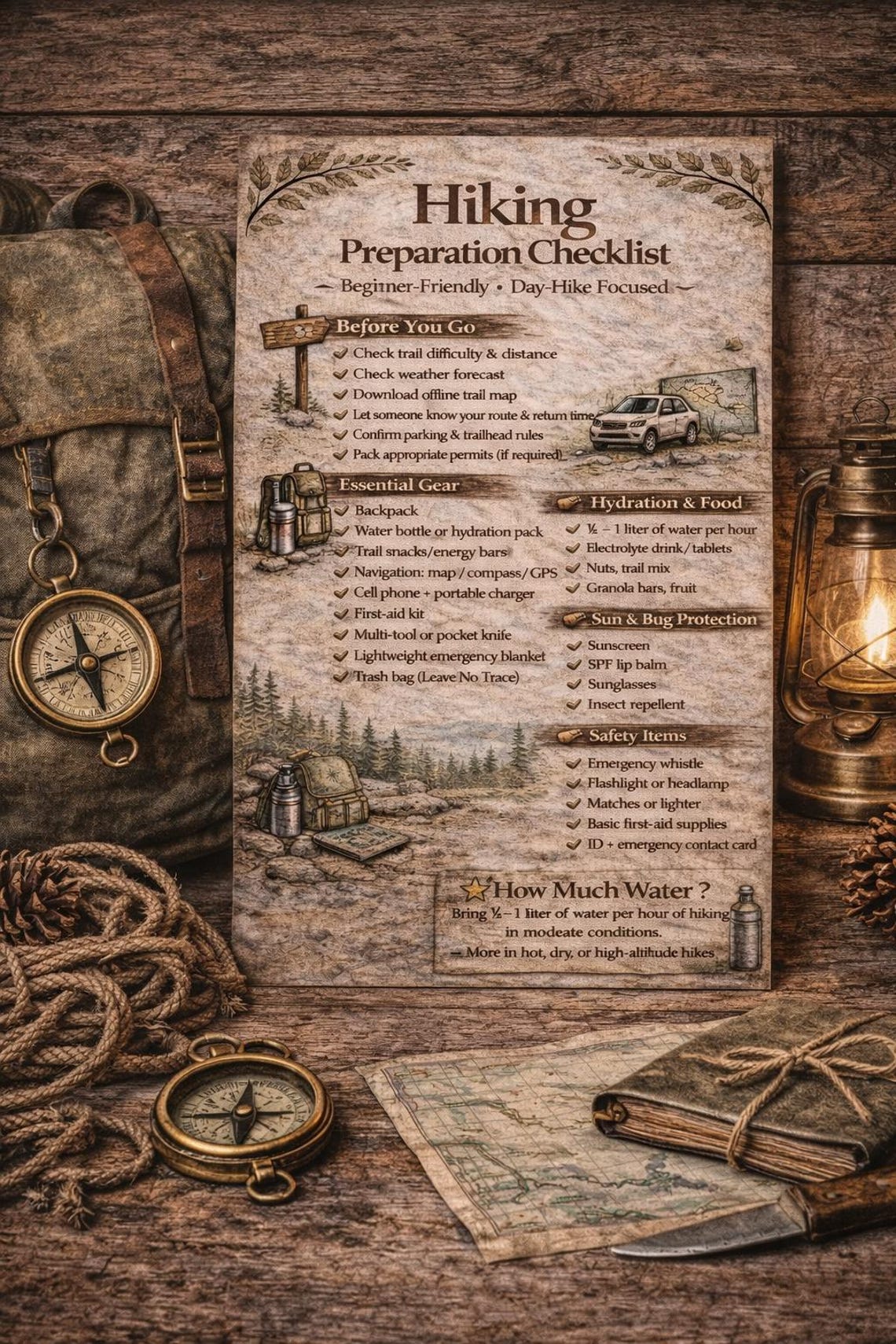 Hiking Preparation Checklist Printable Beginner Day Hike Gear & Safety ...