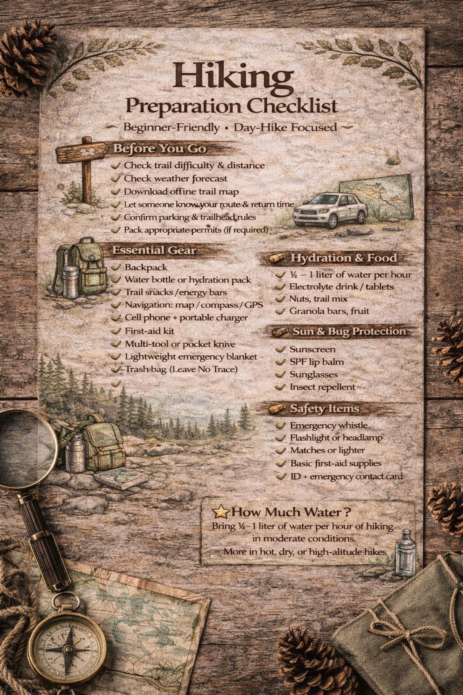 Hiking Preparation Checklist Printable Beginner Day Hike Gear & Safety ...