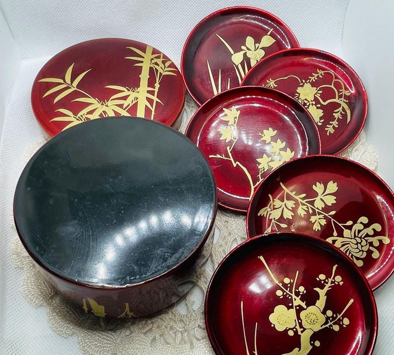 Vintage Japanese Red Lacquerware Bamboo Design Coaster Set - Etsy