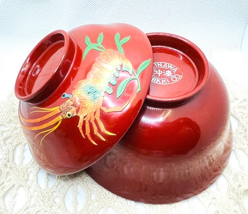 Vintage Okinawa Shikki Co Ryukyu Red Laquerware Bowl With Shrimp Design ...