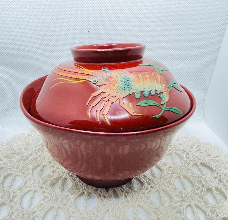 Vintage Okinawa Shikki Co Ryukyu Red Laquerware Bowl With Shrimp Design ...