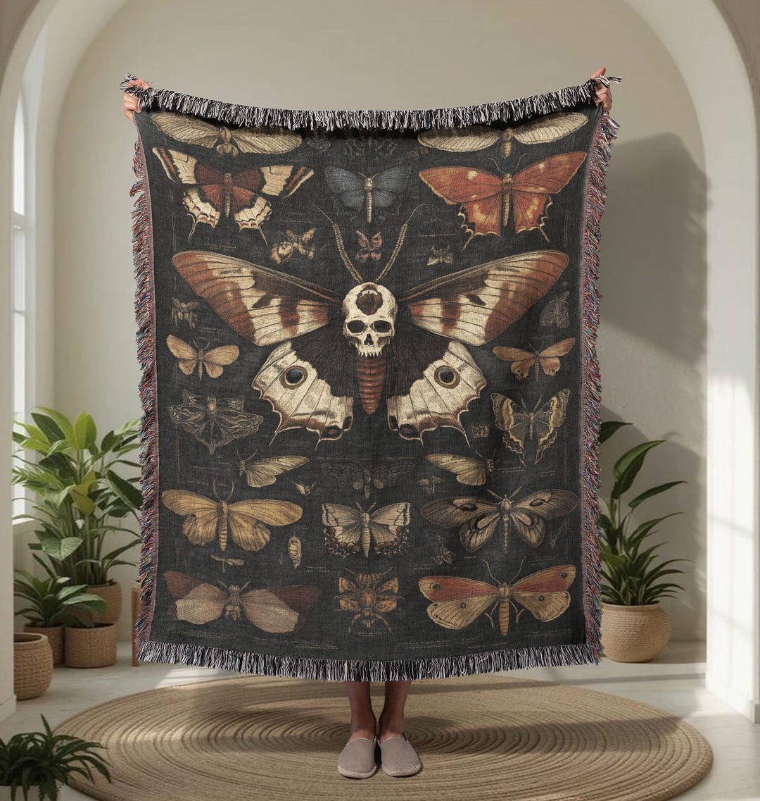 Death Head Moth 100% Cotton Woven Blanket, Gothic Halloween Decor Woven ...
