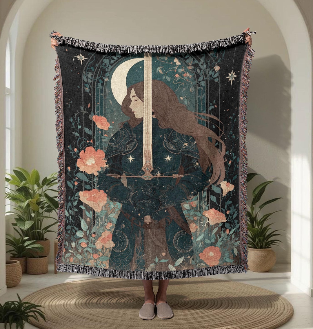 Female Knight 100% Cotton Woven Blanket, Warrior Woven Blanket, Fantasy ...