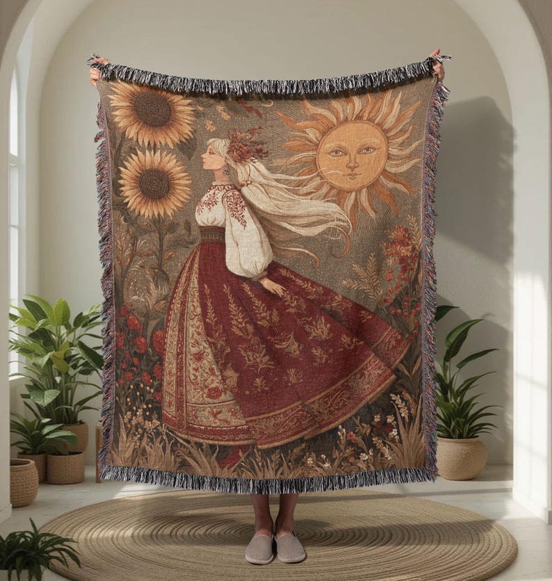 Ukrainian Woman 100% Cotton Woven Blanket, Slavic Goddess Tapestry ...
