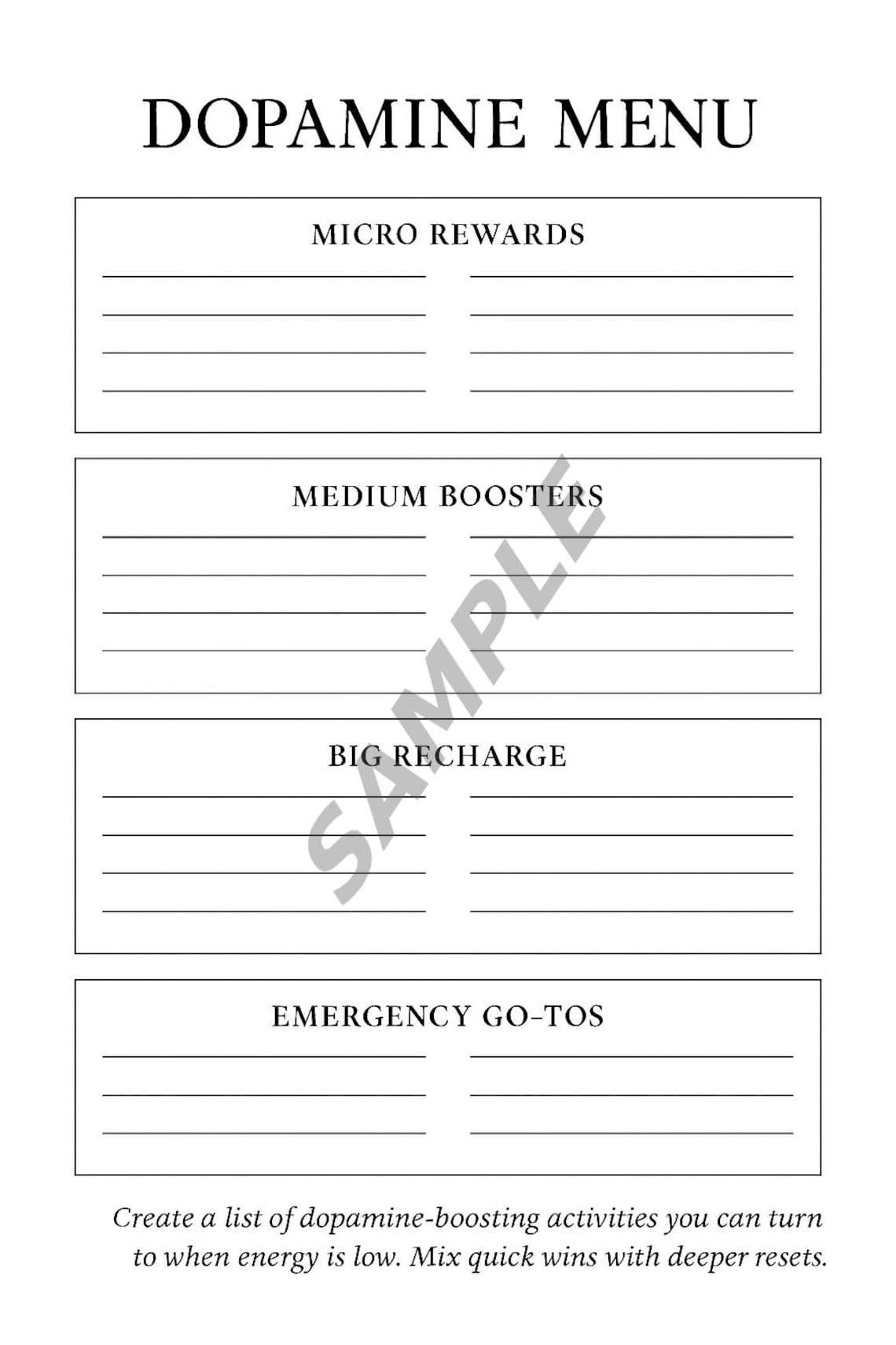 Dopamine Menu – Minimalist ADHD Printable Worksheet for Motivation ...