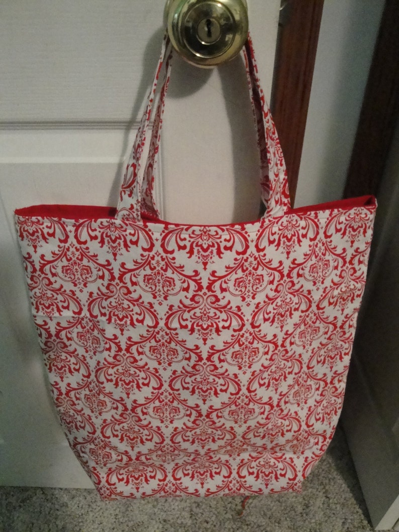Reuseable Tote/grocery Bag Fun Bright Red & White Damask - Etsy