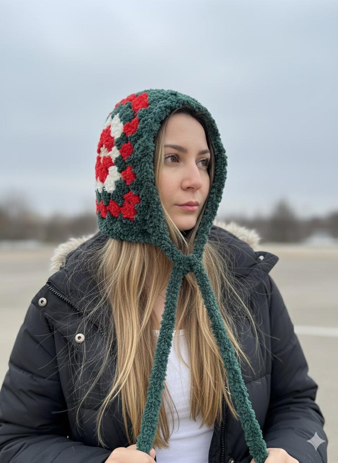Bonnet carré de grand-mère au crochet Coquette, joli capuchon d'hiver ...