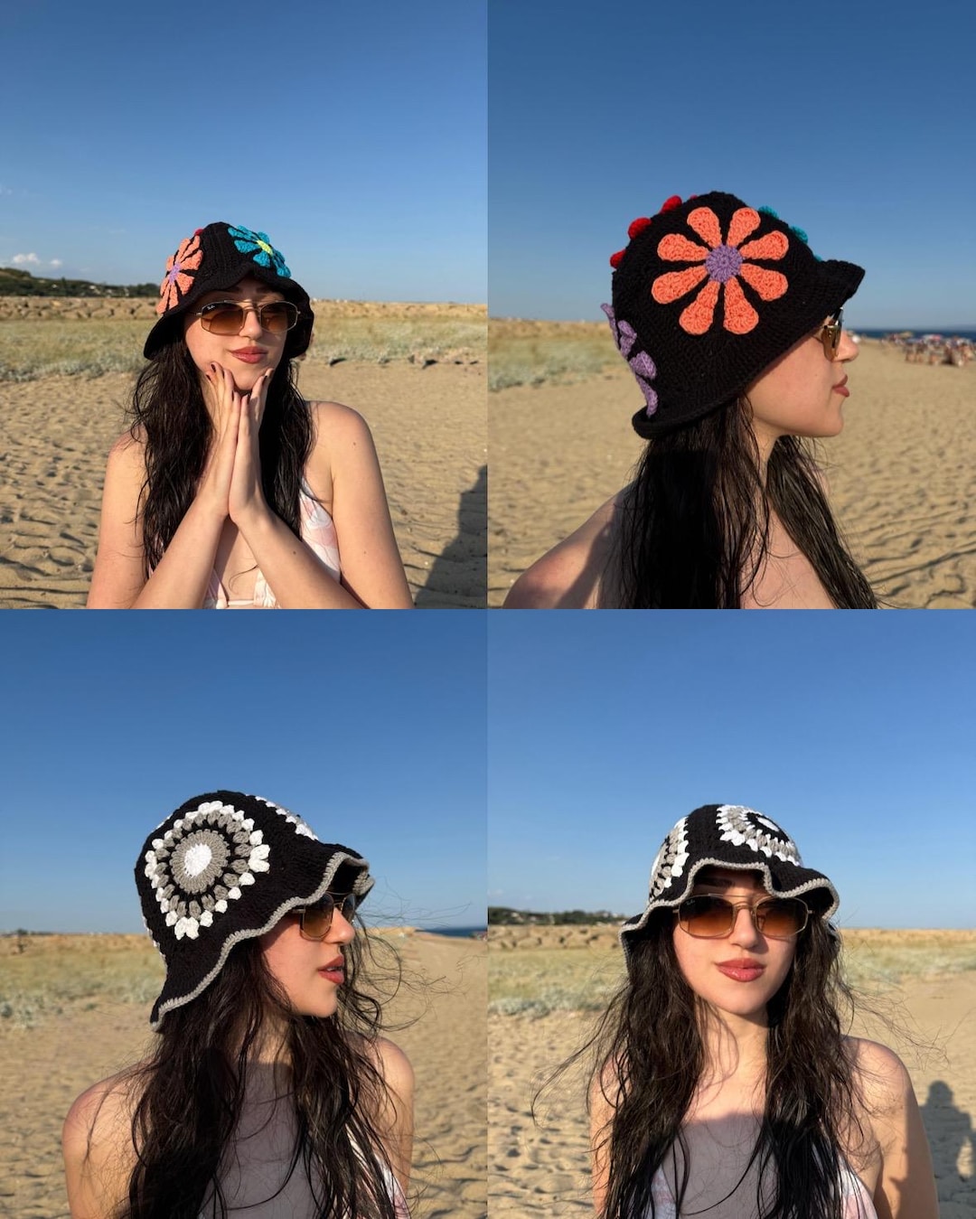 Crochet Flower Beach Hat, Colorful Bucket Hat, Granny Square Hat ...