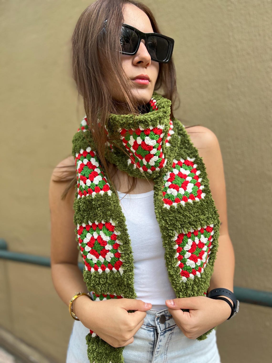 Green Fluffy Christmas Crochet Scarf With Red White Granny Squares ...